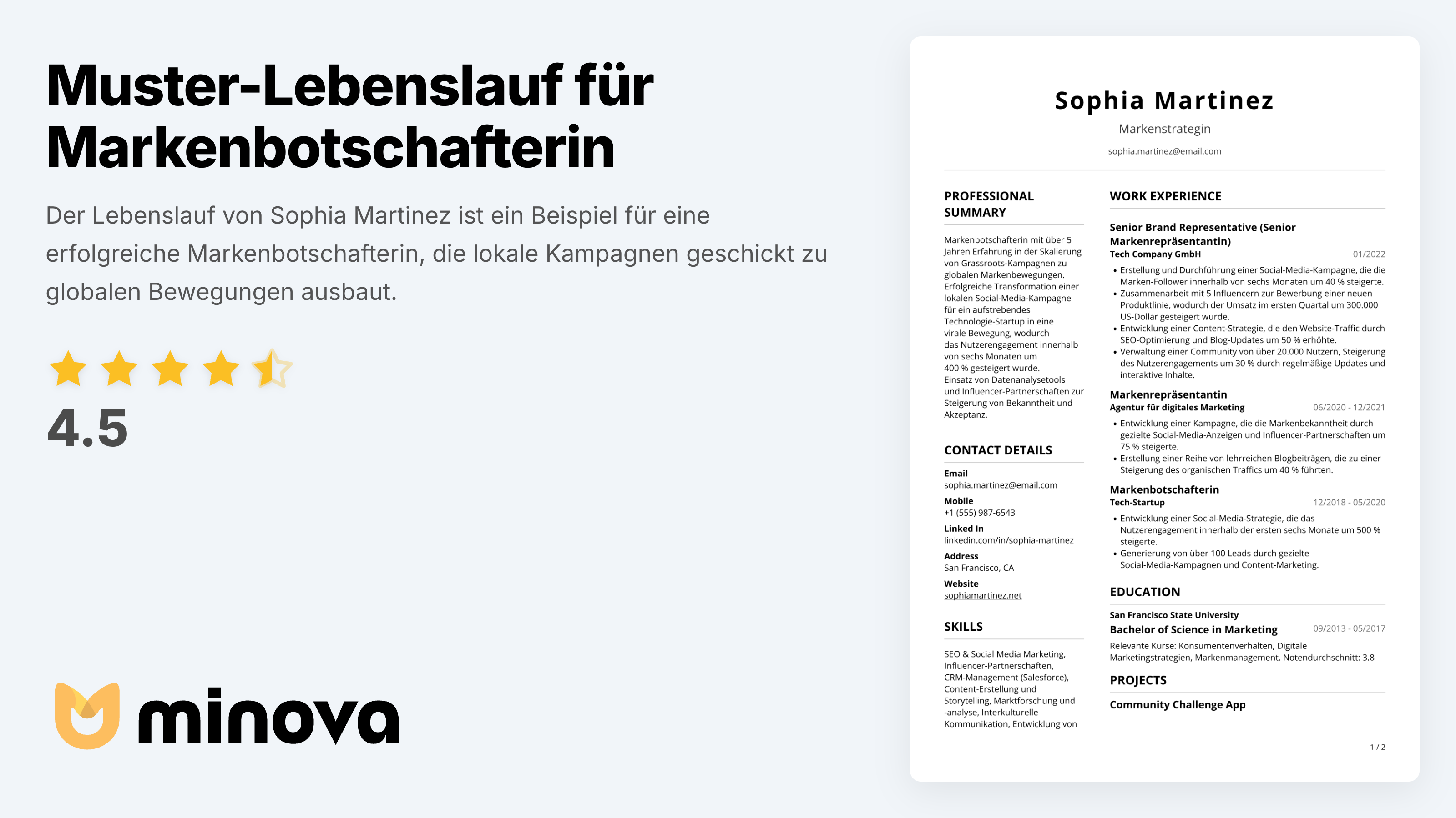 Lebenslauf Markenbotschafterin: Beispiel 2026 | Minova - Resume AI ...