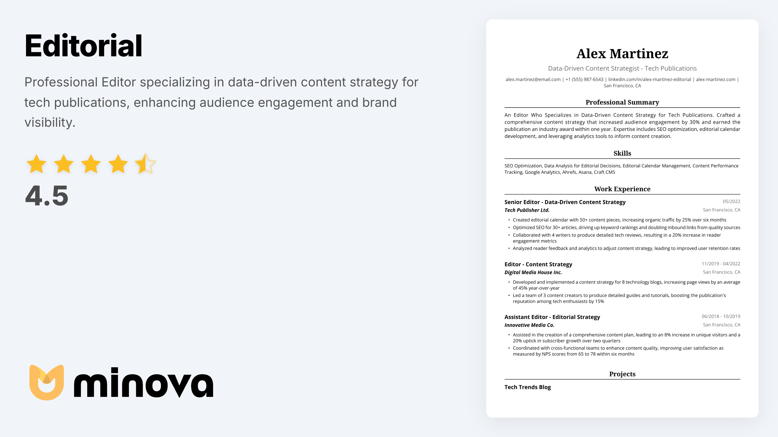 Editorial Resume Example - Professional Template | Minova - Resume AI ...