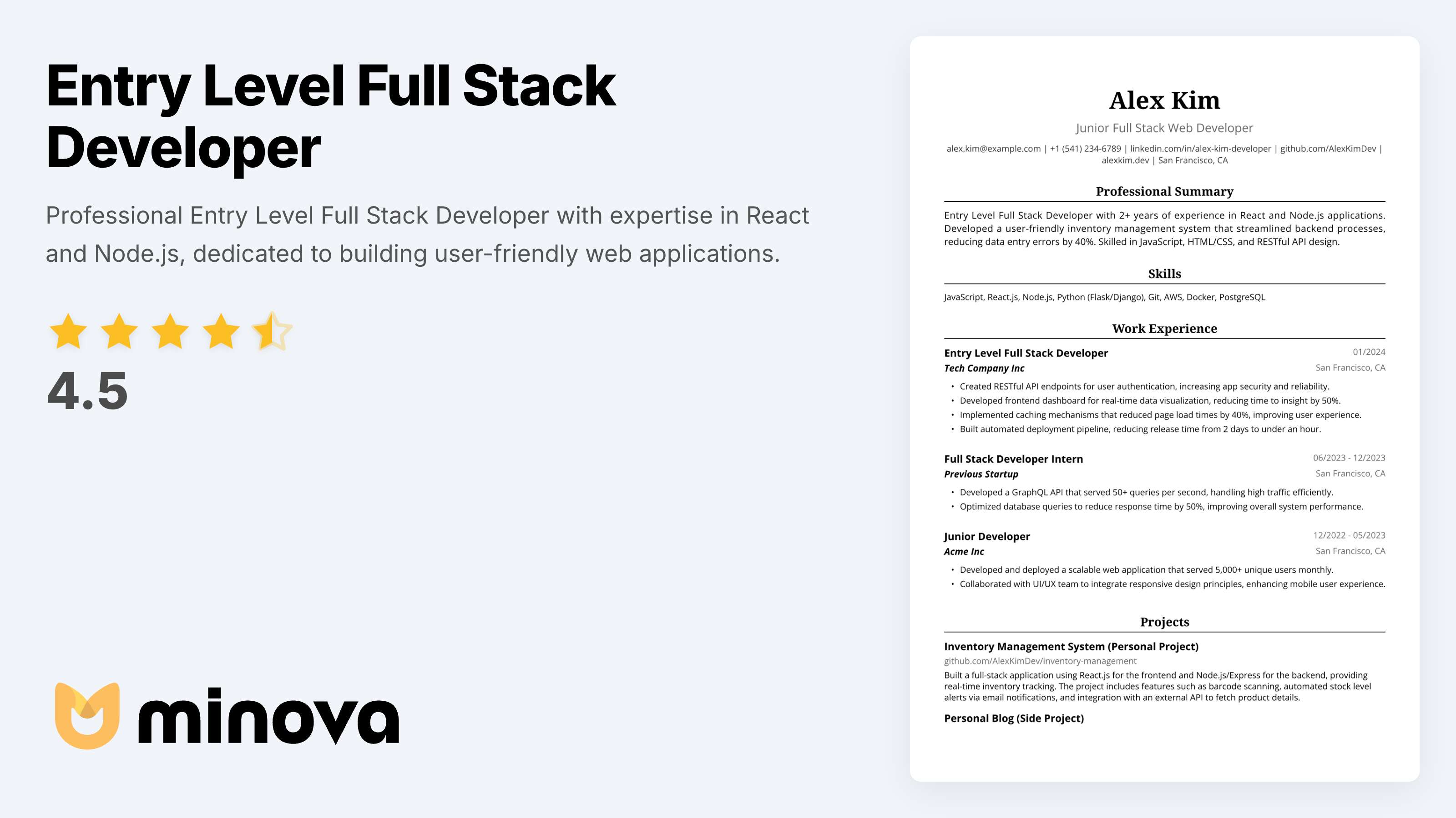 Entry Level Full Stack Developer Resume Example - Professional Template ...