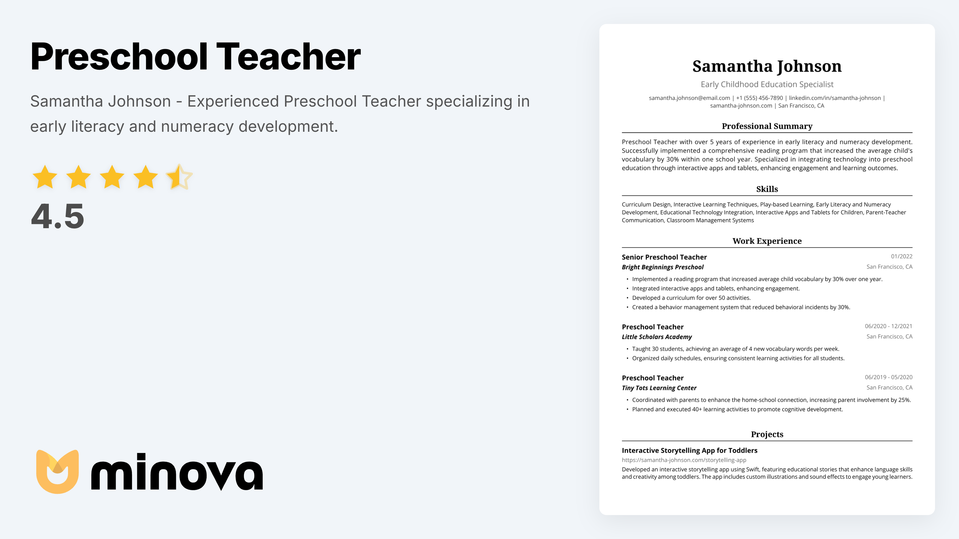 Preschool Teacher Resume Example - Professional Template | Minova ...
