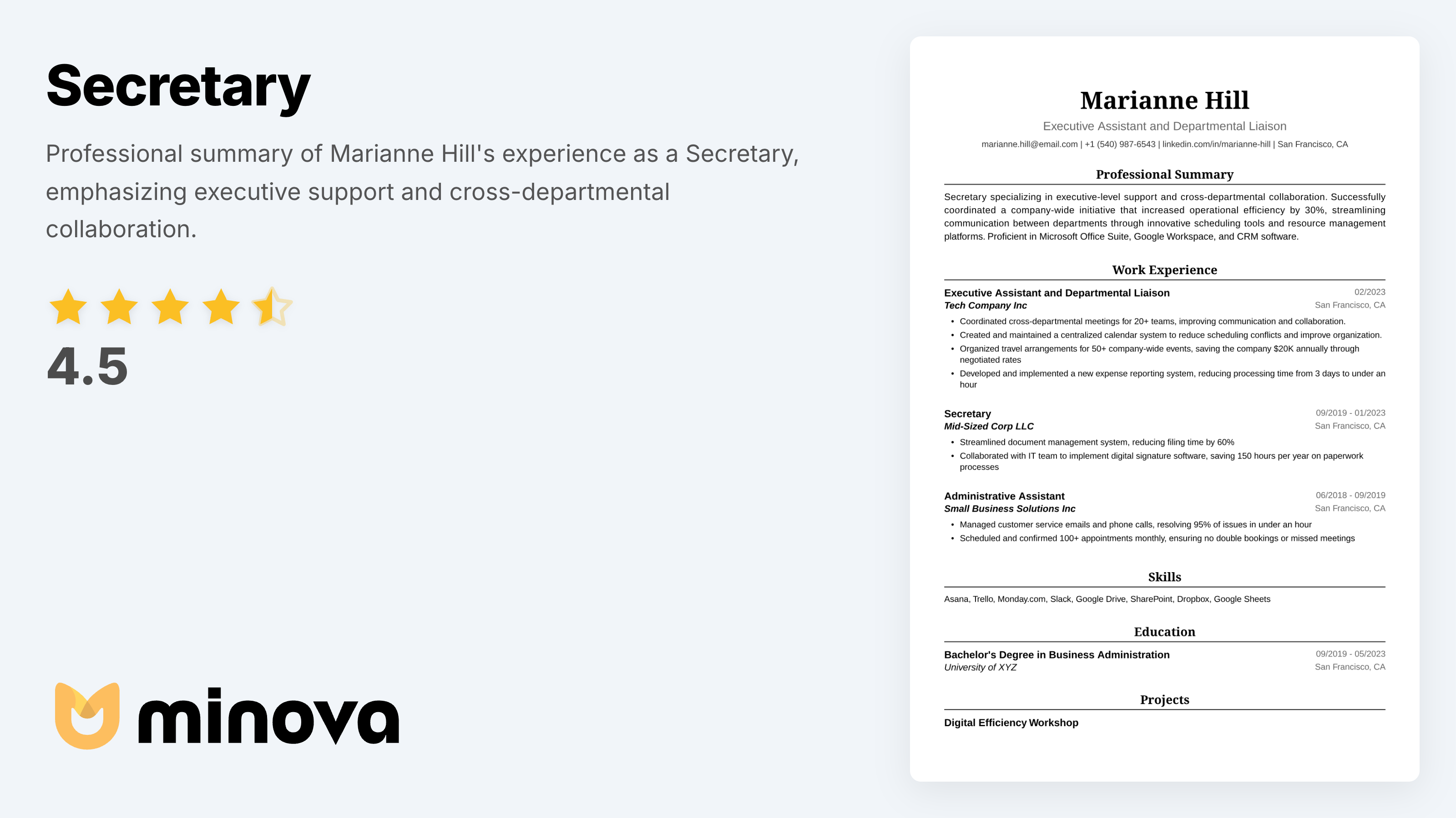 Secretary Resume Example - Professional Template | Minova - Resume AI ...