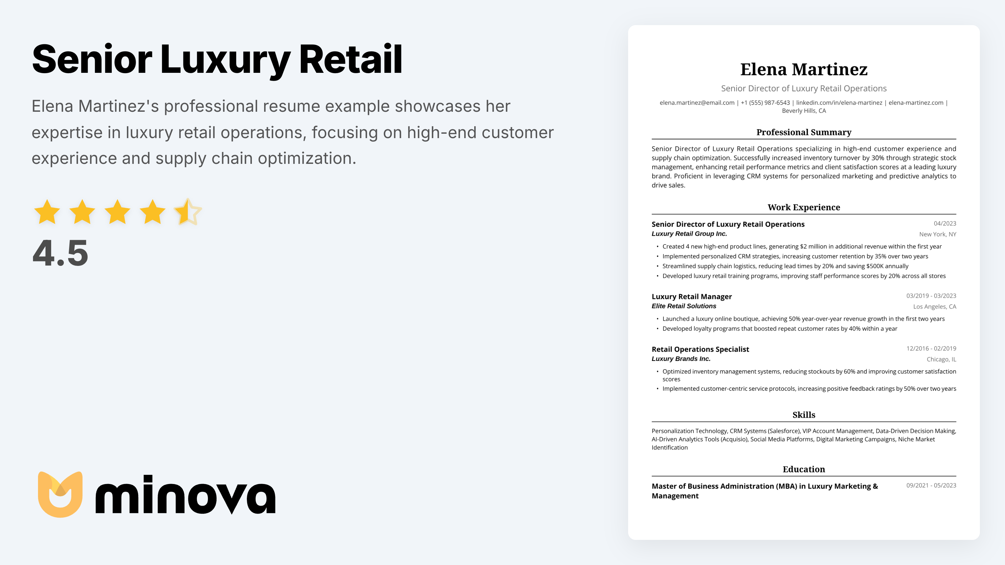 Senior Luxury Retail Resume Example - Professional Template | Minova ...